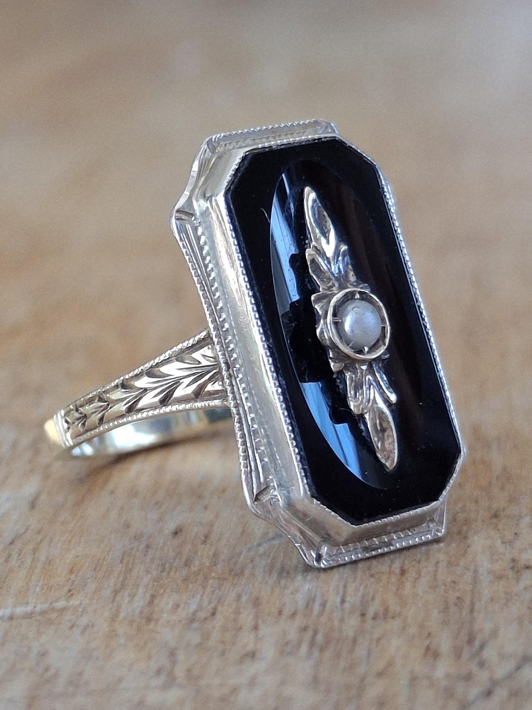 Antique Art Deco Black Onyx and Pearl 14k Gold Ring, Vintage Edwardian ...