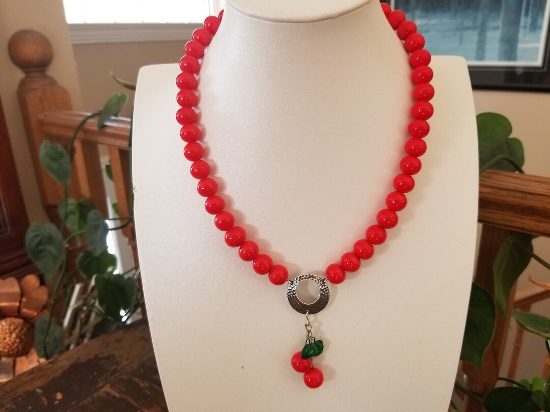 Cherry Red Vintage Bead Necklace With Cherries Pendant, Japanese Cherry ...