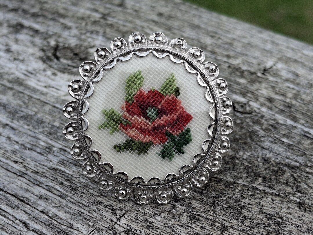 Vintage Hand Embroidered Petit Point Brooch Pin, Petit Point Rose Pin ...