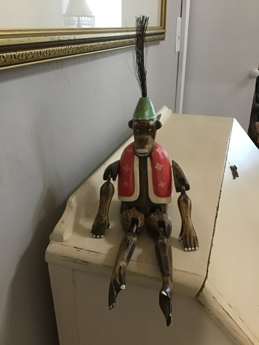 Antique, Vintage Wooden Carved Articulated Fez Monkey Stick Puppet ...