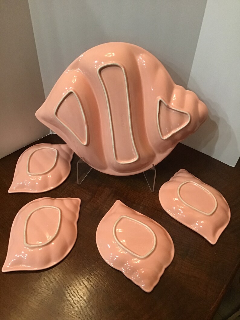 MCM Appetizer Tray and Four Plates, Pink Sea Shell Appetizer Set ...