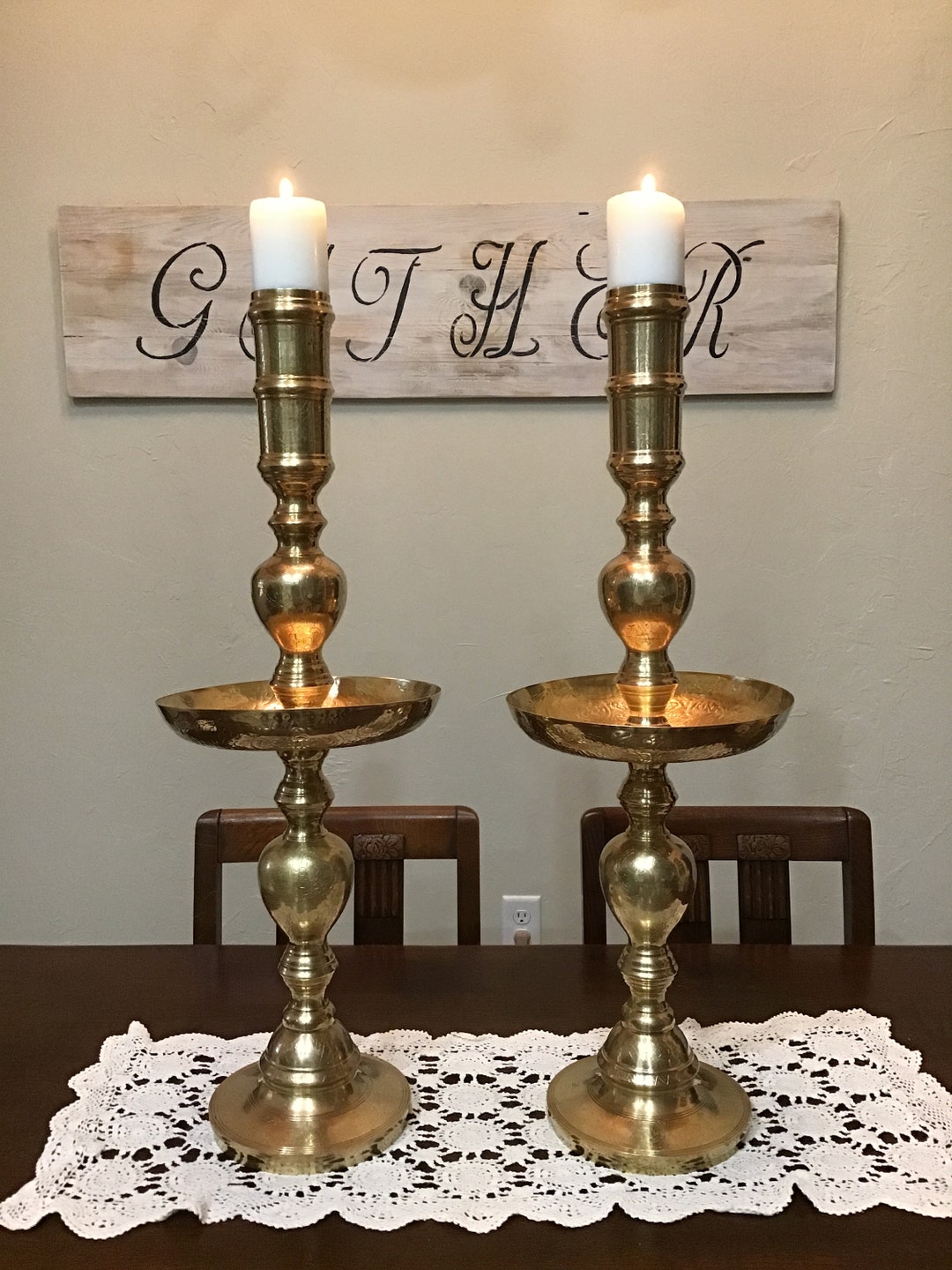 Vintage Large Etched Brass Pillar Candle Holders, Candlesticks, Alter ...