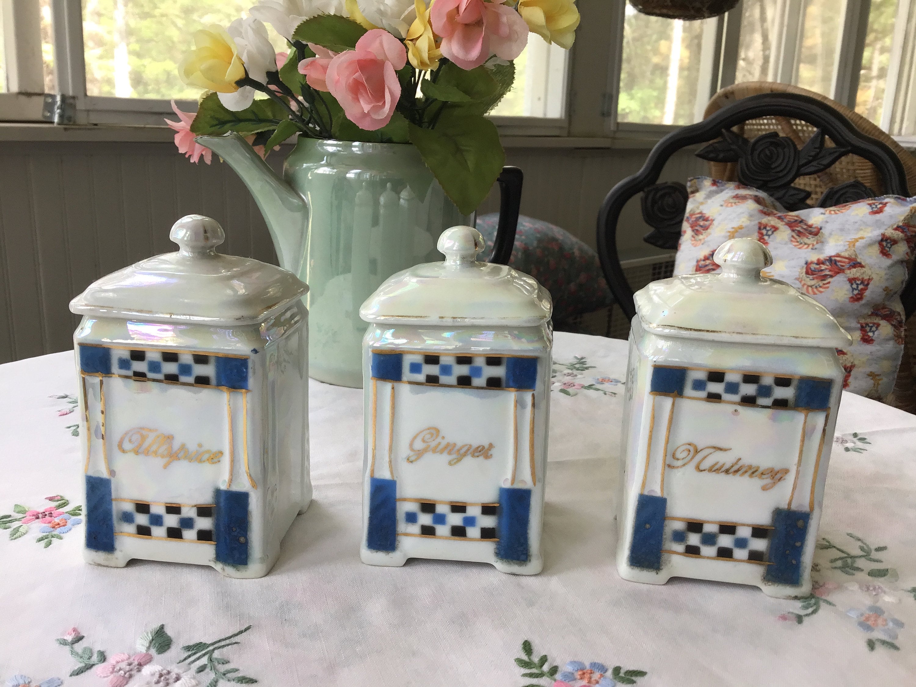 Czech Lusterware Antique Spice Jar, Canister, Storage Jar,blue and ...