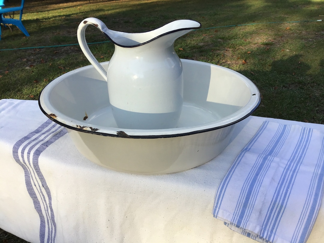 Vintage Enamelware Pitcher and Wash Basin, Bowl, Bathroom, Kitchen ...