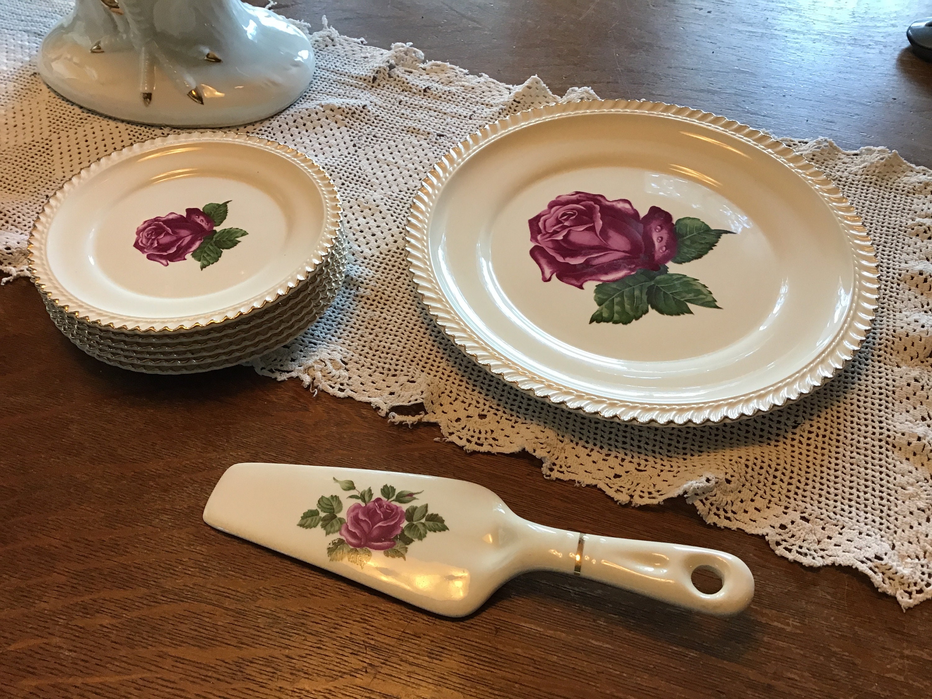 Harker Pottery Co CAKE PLATE SET Dessert Set Purple Rose - Etsy