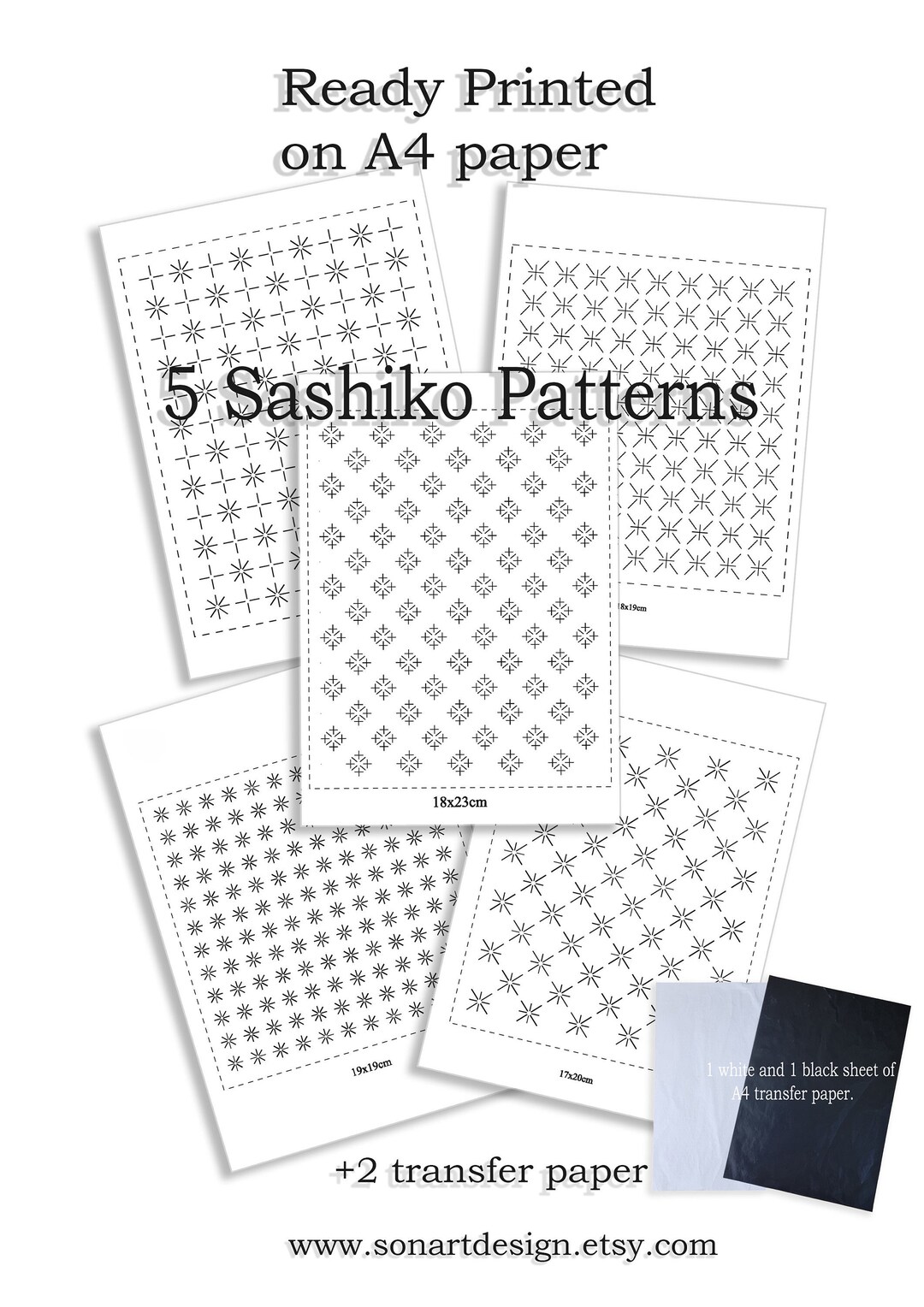 Set of 5 Japanese SASHIKO Patterns Printed on A4 Paper+2 Transfer ...