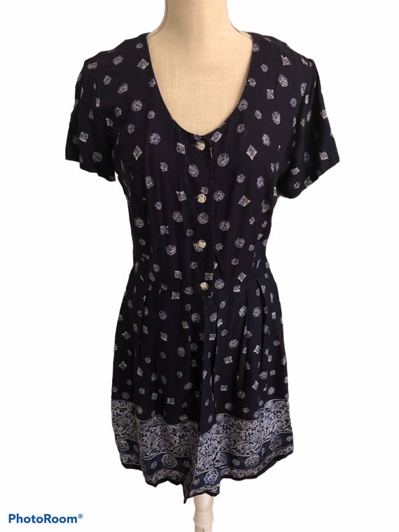 Vintage Maggie Lawrence Blue and White Rayon Romper S… - Gem