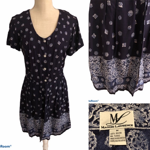 Vintage Maggie Lawrence Blue and White Rayon Romper S… - Gem