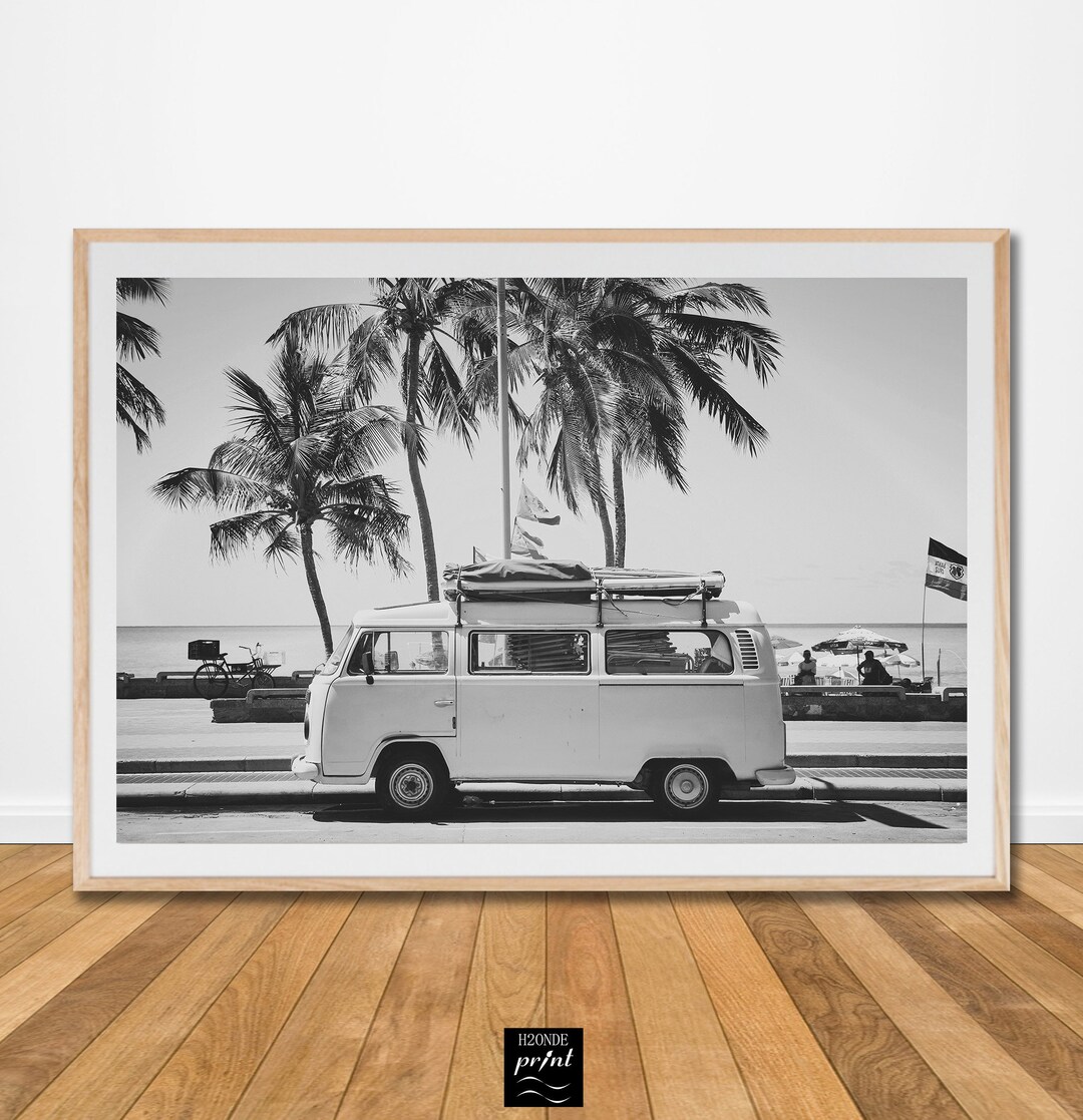 Surfer Retro Van Black and White Bus Vw Print Beach Surf Wall Art ...