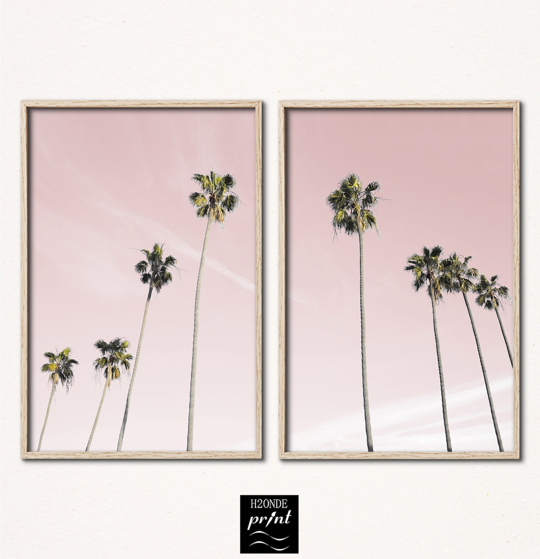 Pink Palm Tree Print Set of 2 Photo Tropical Wall Art California Hawaii ...