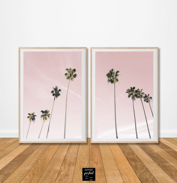Pink Palm Tree Print Set Of 2 Photo Tropical Wall Art Etsy