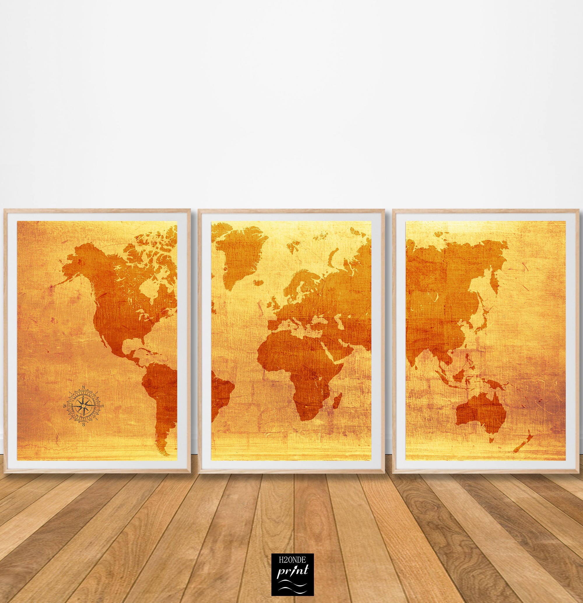 World map canvas set of 3 prints piece print poster painting | Etsy