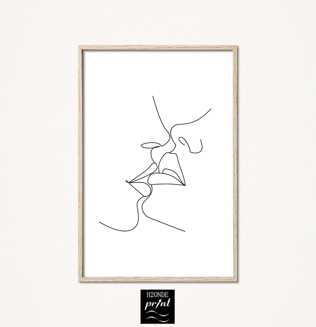 Kiss Line Drawing Art Print Couple Woman Kissing Love Abstract ...