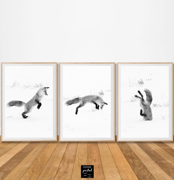 Fox Jump Set of 3 Prints Gallery Wall Nursery Decor Black and | Etsy