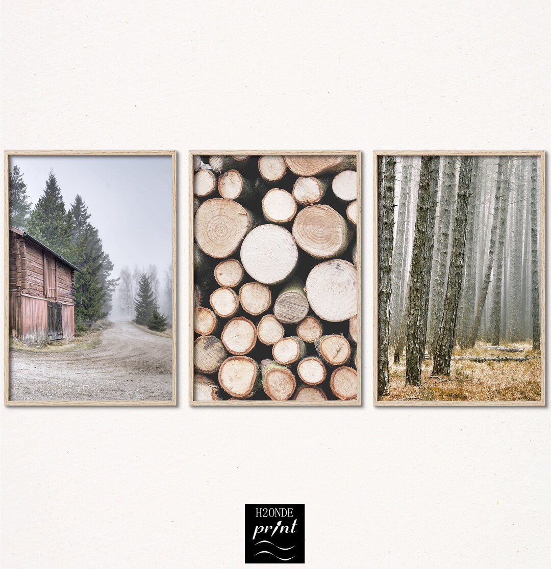 Foggy Forest Print Misty Poster Mountain Cabin Wood Log Stump Set of 3 ...