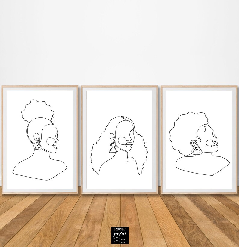 Black Woman Head Line Set of 3 Drawing Art Print Lady Female | Etsy