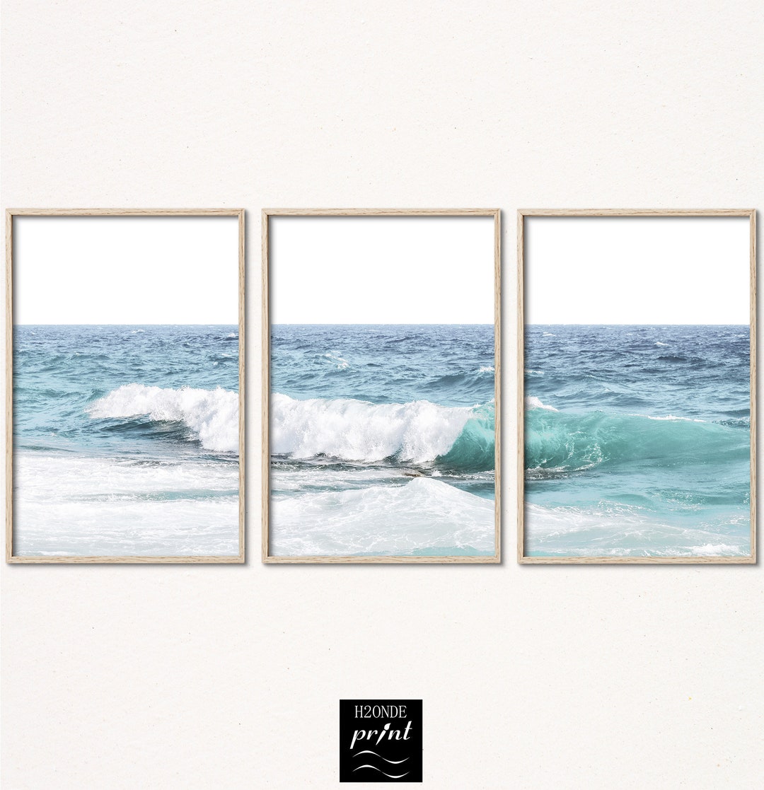 Blue Ocean Waves Print Coastal Seafoam Sea Marine Seawater Set of 3 ...