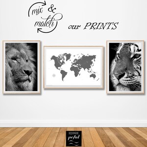 Black and White Wall Art World Map Print Set of 3 Prints Piece Poster ...