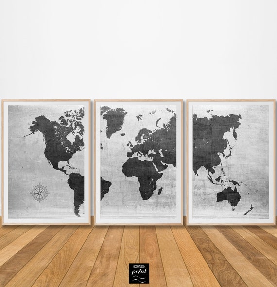 World map canvas set of 3 prints piece print poster painting | Etsy