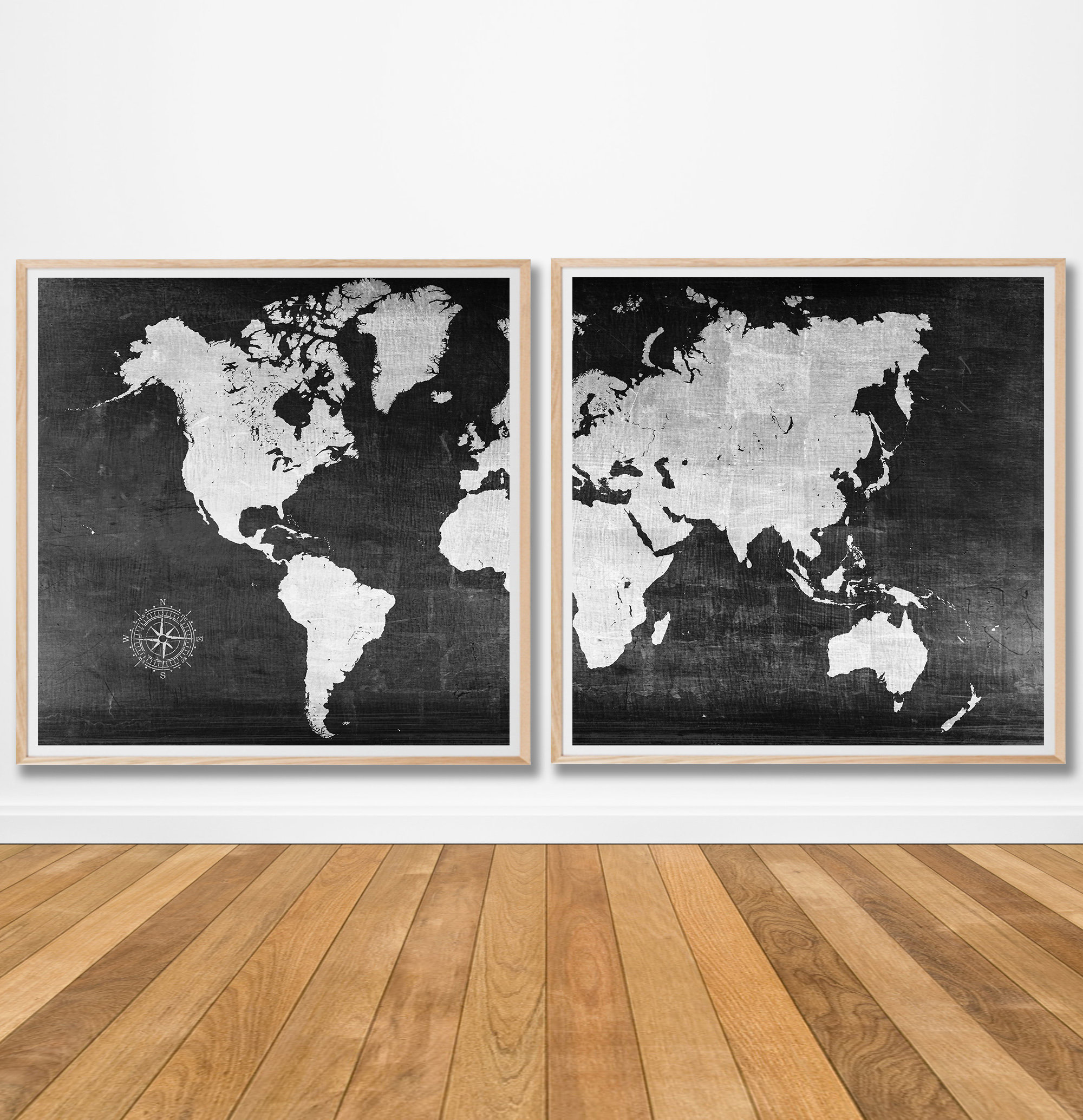 Black and white wall art World map print set of 2 square | Etsy