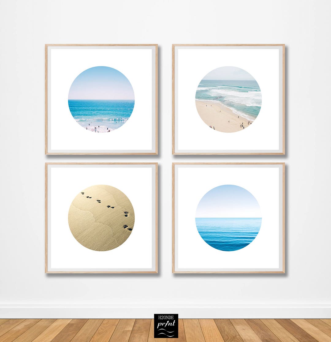 Ocean Beach Sand Footsteps Print Sea Blue Aerial Waves Set of Four 4 ...