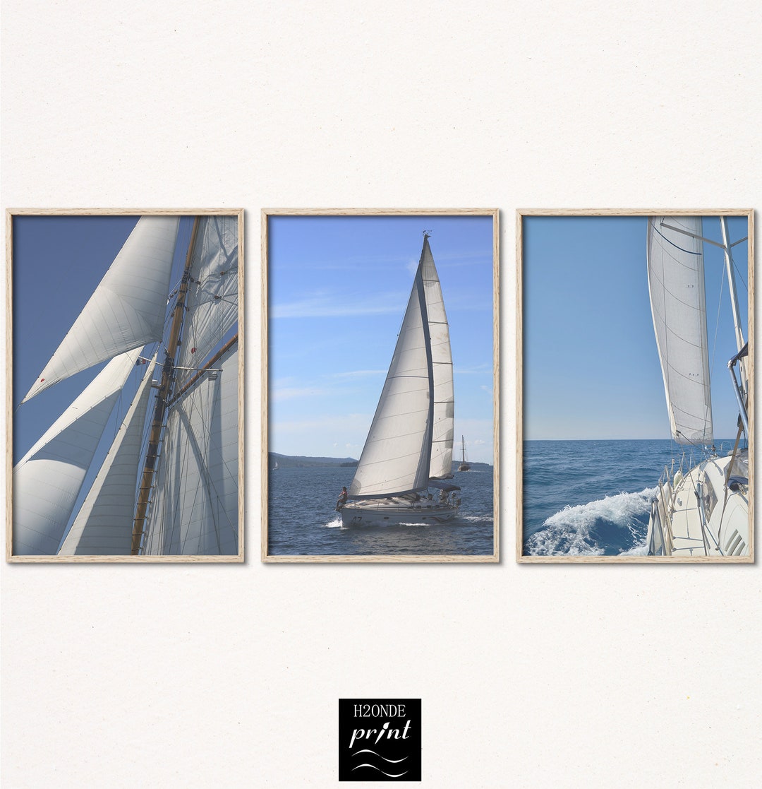 Nautical Sailboat Sail Mast Spar Set of 3 Prints Three Sea Ocean Waves ...