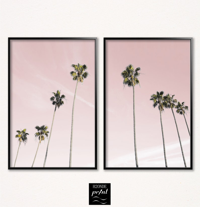Pink Palm Tree Print Set Of 2 Photo Tropical Wall Art Etsy