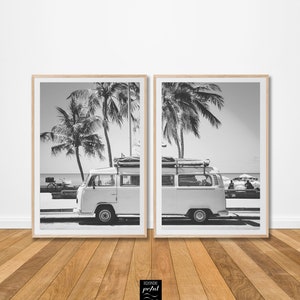 Surfer retro van print beach surf black and white wall art | Etsy