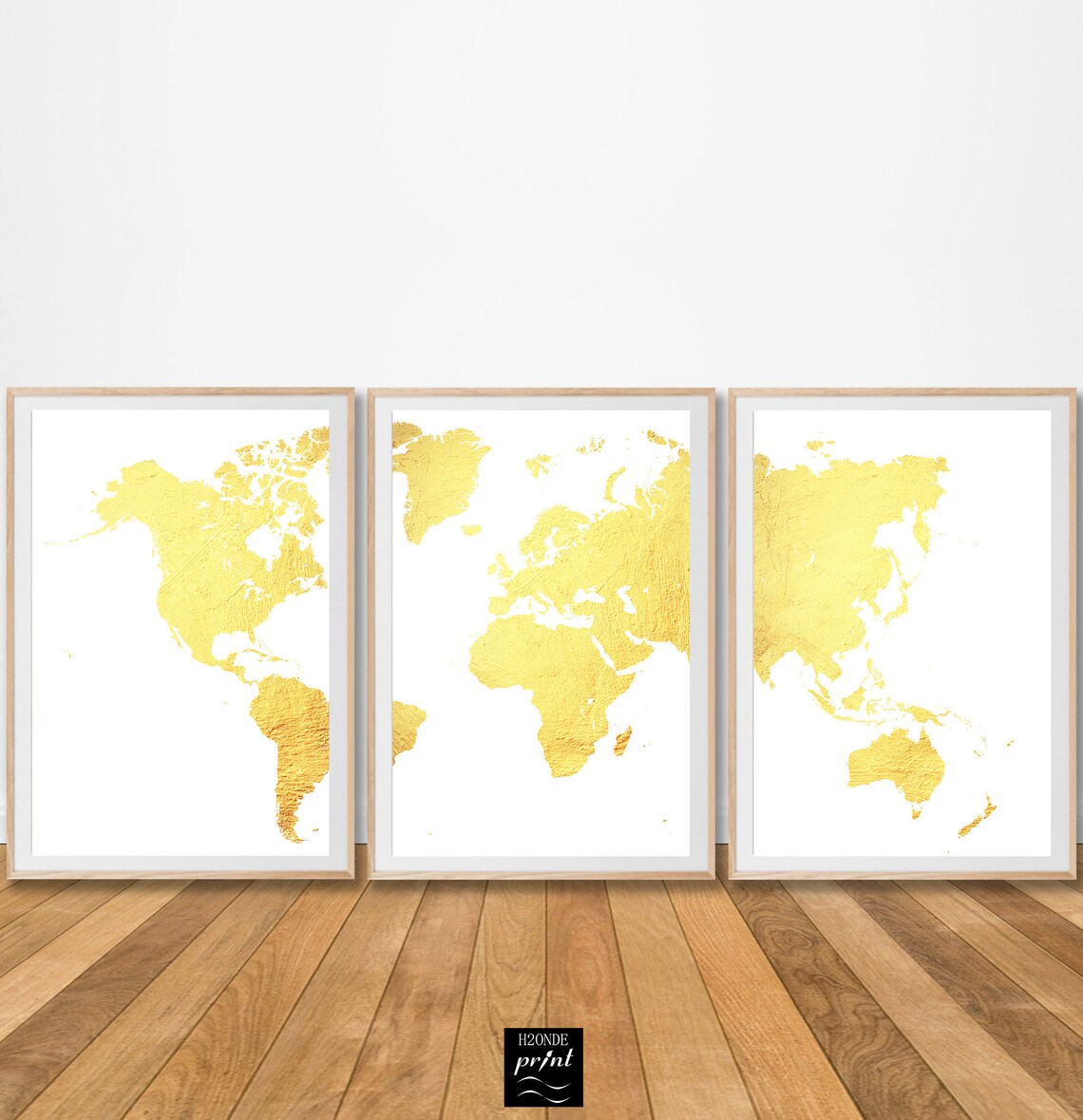 Golden World Map Print Set of 3 Wall Art Gold Prints Piece | Etsy