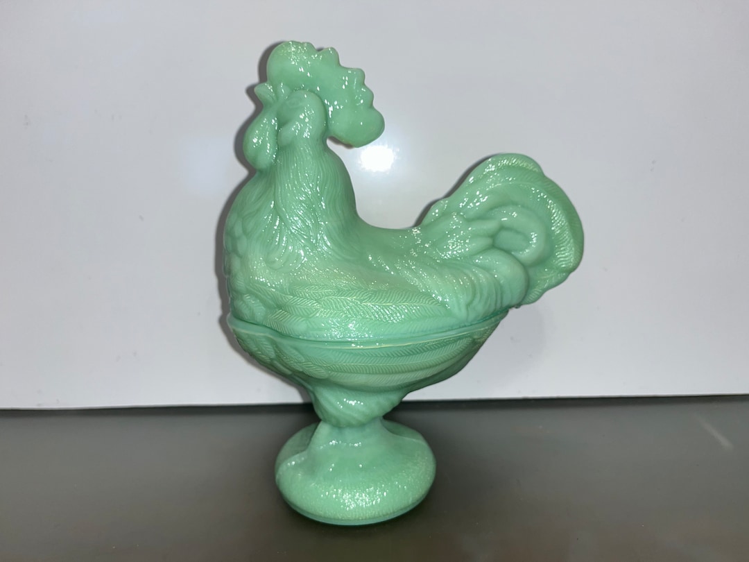 Vintage Jadeite Rooster Candy Dish, Jadeite Green Glass Rooster, Mint ...