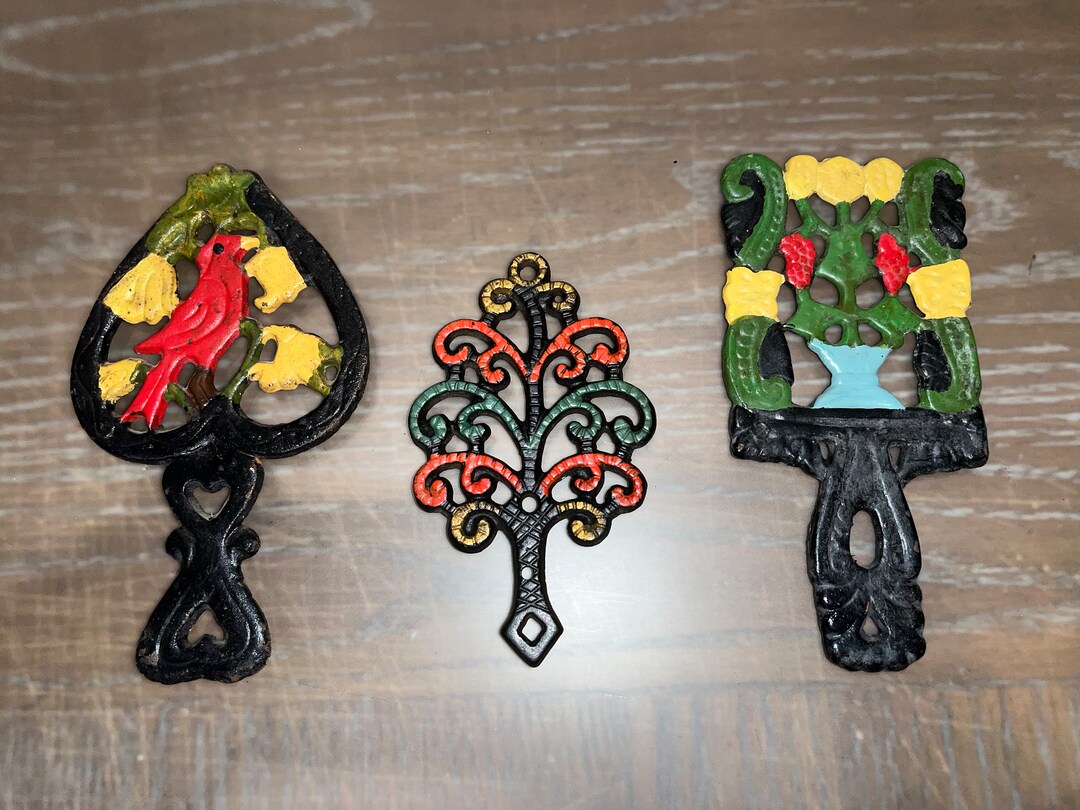 3 Vintage Cast Iron Trivet, Trivet Wall Hanging, Signed Japan Painted ...
