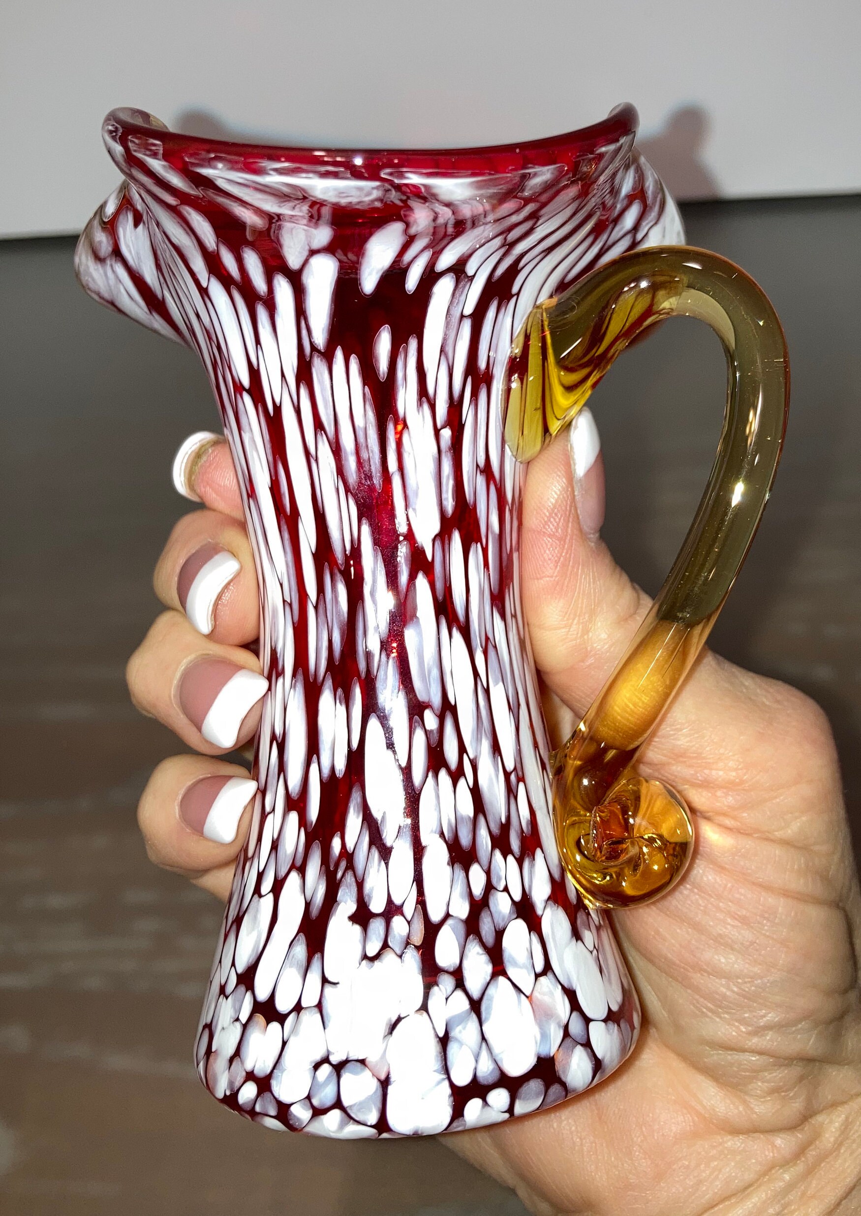 Vintage Splatter Glass Hand Blown Pitcher Vintage Red White | Etsy
