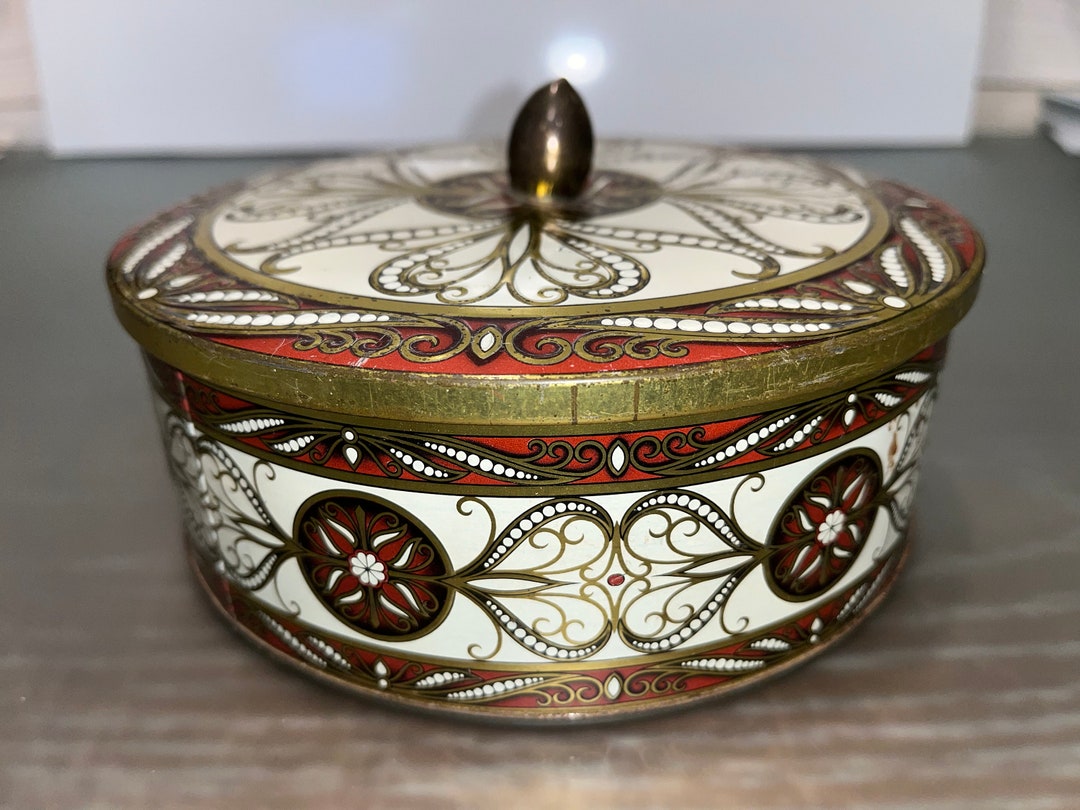 Vintage Round Embossed Daher English Tin, Brown Gold Scroll Canister ...