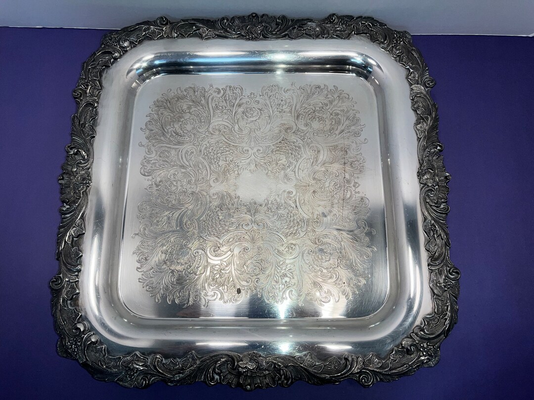 Vintage Wilcox Grapes and Vines Tray, Square Silver Plate Footed ...