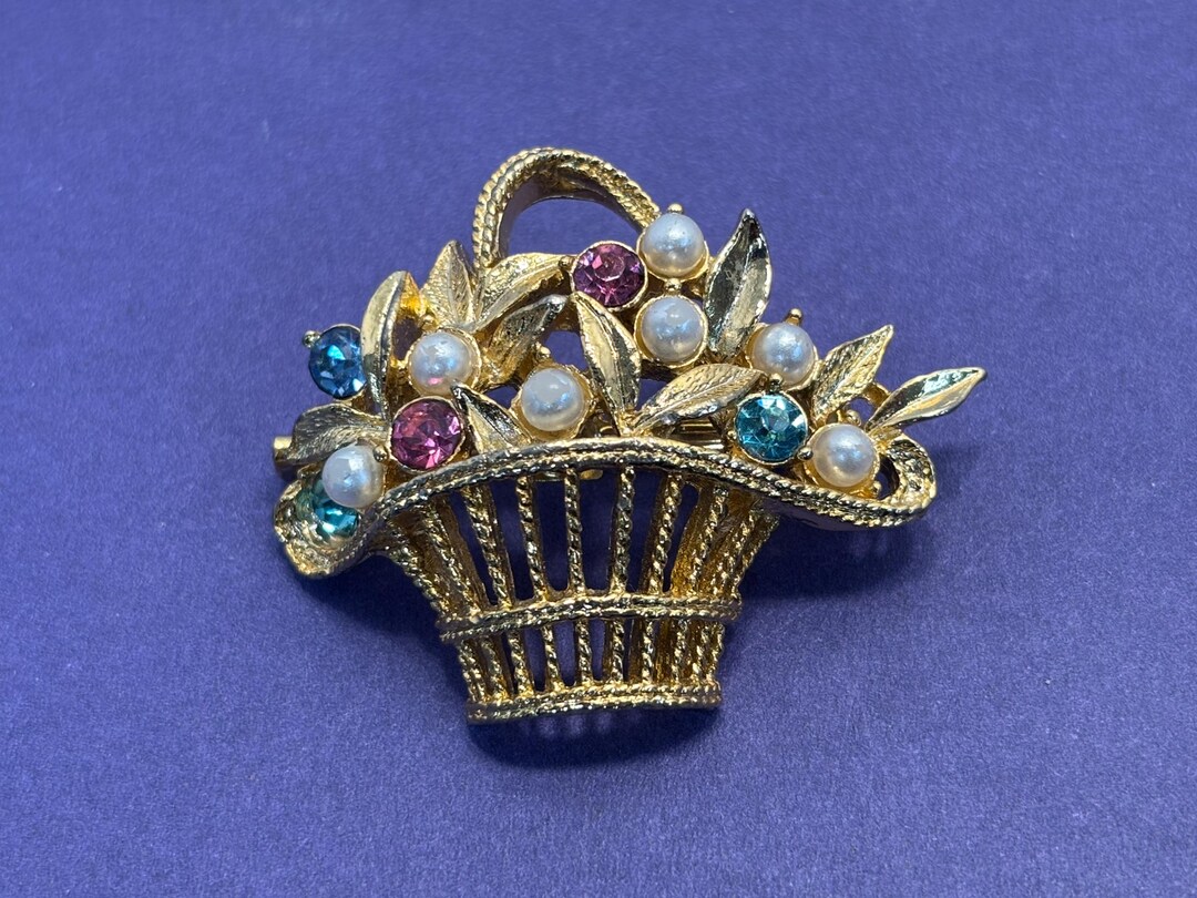 Vintage Gerrys Flower Basket Pin Brooch, Gold Pearl Colored Stone ...