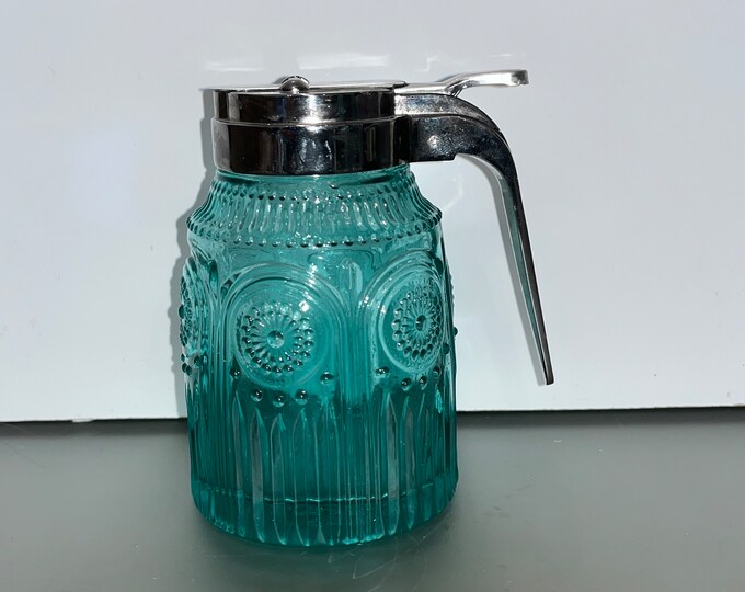 Pioneer Woman Turquoise Pitcher, Turquoise Glass Syrup Pitcher, Pioneer ...