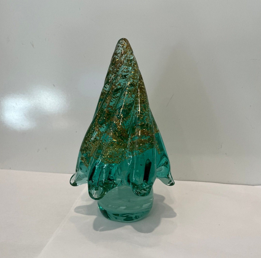 Murano 7" Glass Tree, Murano Art Glass Green Christmas Tree, Green Gold ...