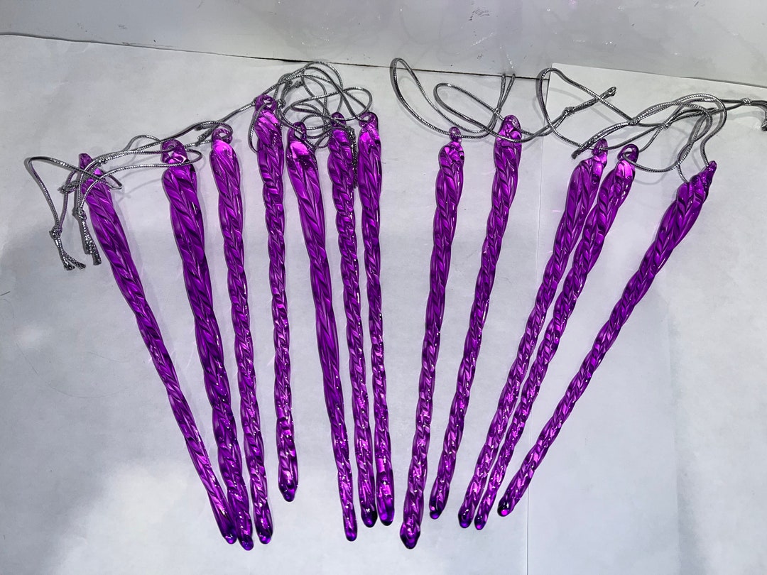12 Purple Glass 6" Icicle Ornaments, Handcrafted Purple Glass Icicles ...