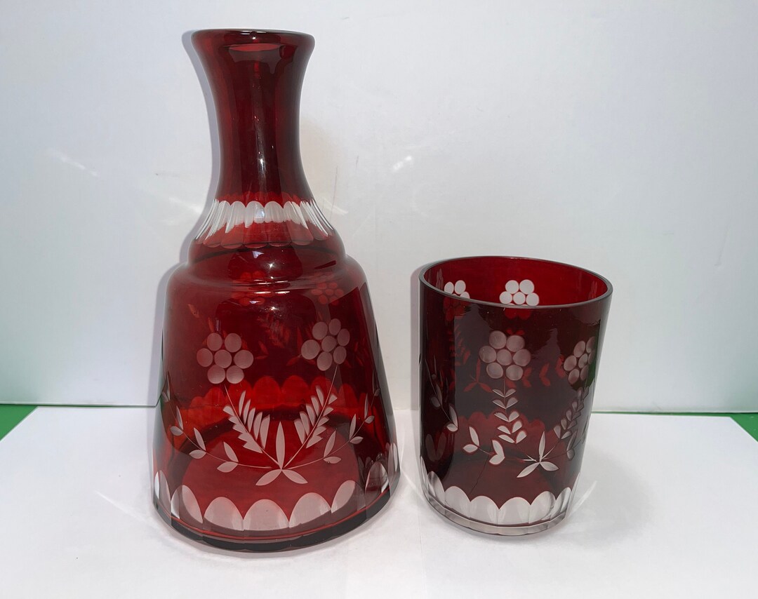 Vintage Bohemian Red Tumbler Carafe, Bohemian Cut to Clear Red Bedside ...