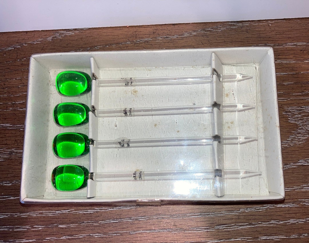 4 Vintage Glass Olive Appetizer Picks, Bar Ware, Green Olive Drink ...