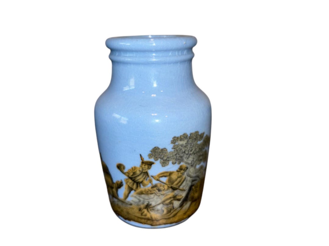 Antique Blue Ceramic Jar, Blue English Hunting Scene Jar, Antique Blue ...