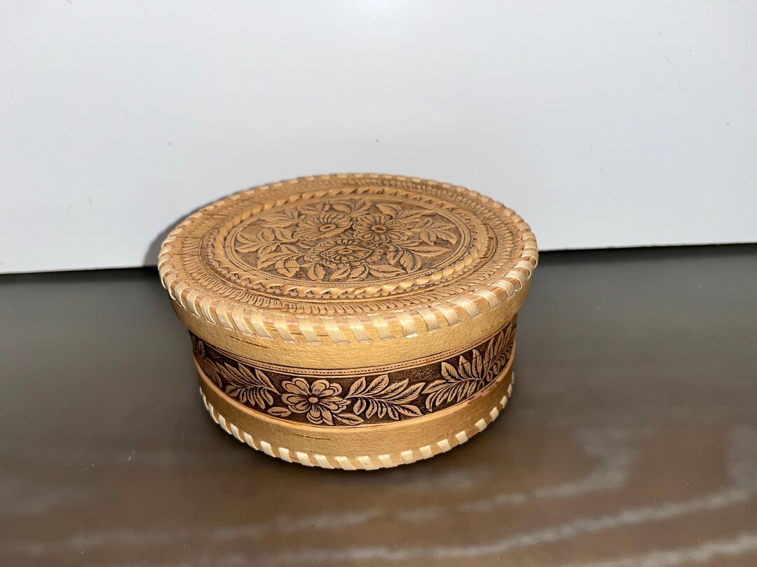 Mexican Leather Oval Box, Brown Embossed Leather Box, Mexico Laced ...