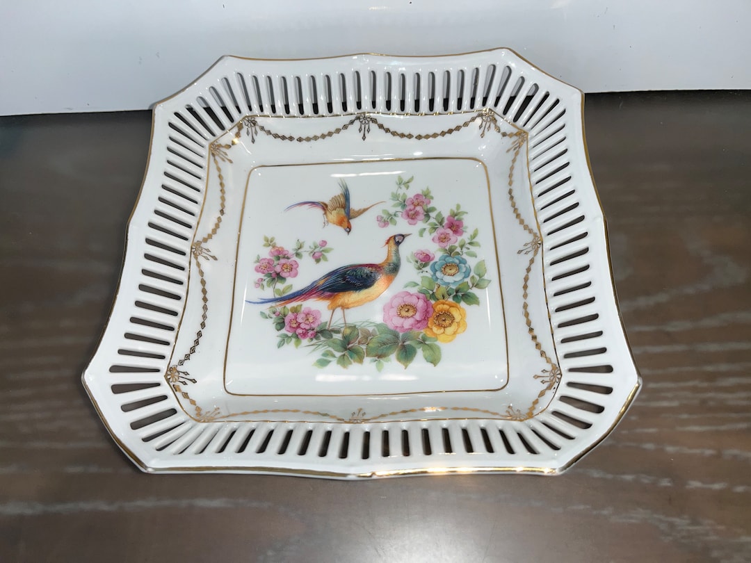 Antique Schumann Reticulated Square Bowl, Schumann Pheasant 8" Bowl ...