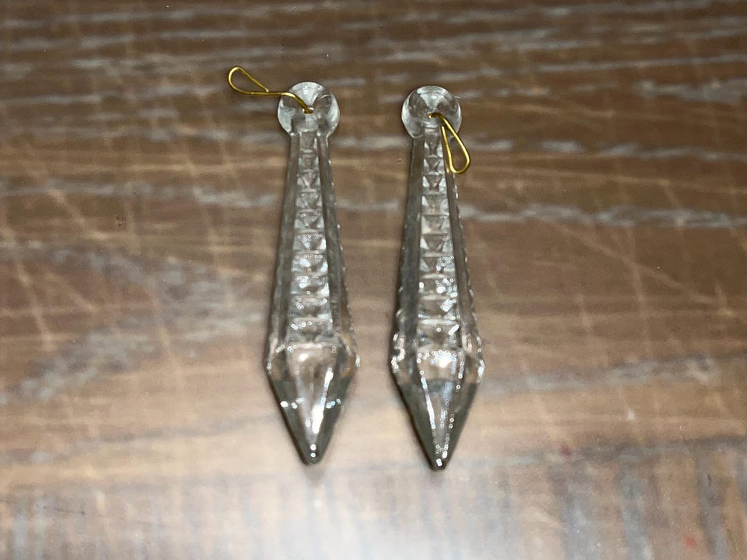 2 Antique Glass Prisms, 3" Round Top Prisms, Antique Notched Spear ...