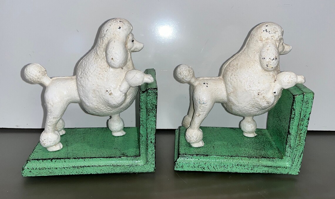 Pair of Vintage Poodle Bookends, Cast Iron White Poodle Figures ...