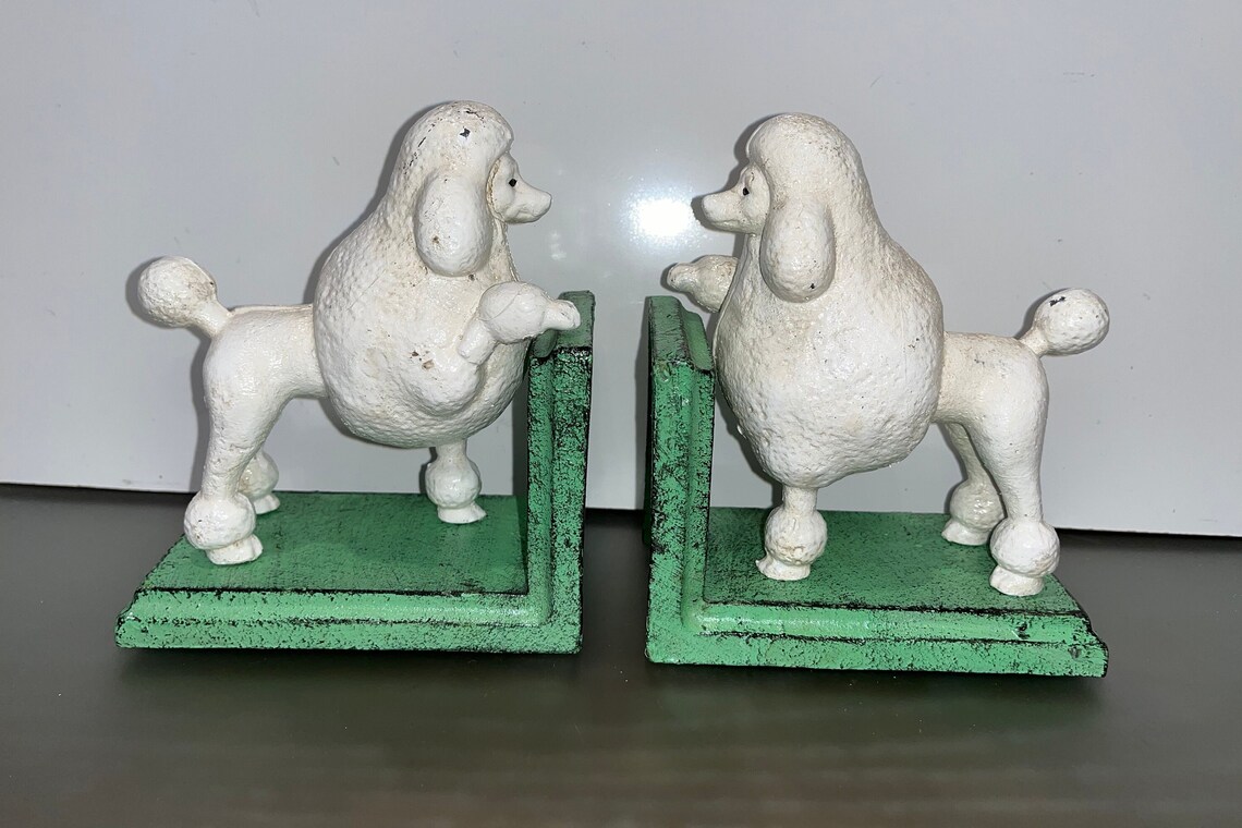 Pair of Vintage Poodle Bookends, Cast Iron White Poodle Figures ...