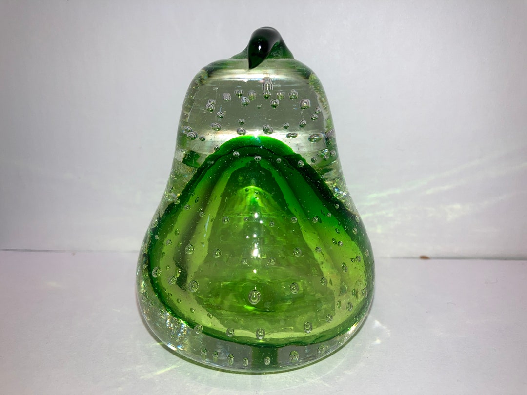 Mid Century Controlled Bubble Green Pear Paperweight, Blown Glass Fruit ...