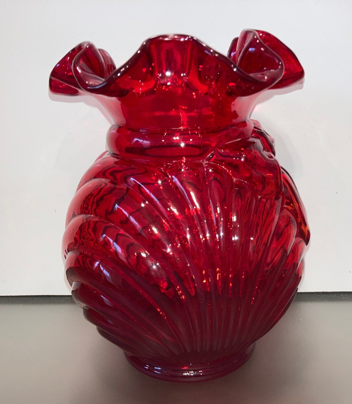 Vintage Fenton Ruby Red Ruffled Vase Signed Fenton Red Bow - Etsy