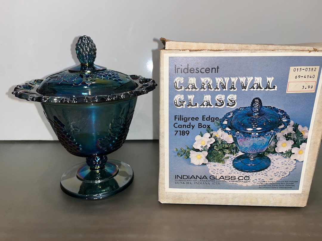 Vintage Indiana Carnival Glass Candy Dish, Indiana Grape Blue Candy Box ...