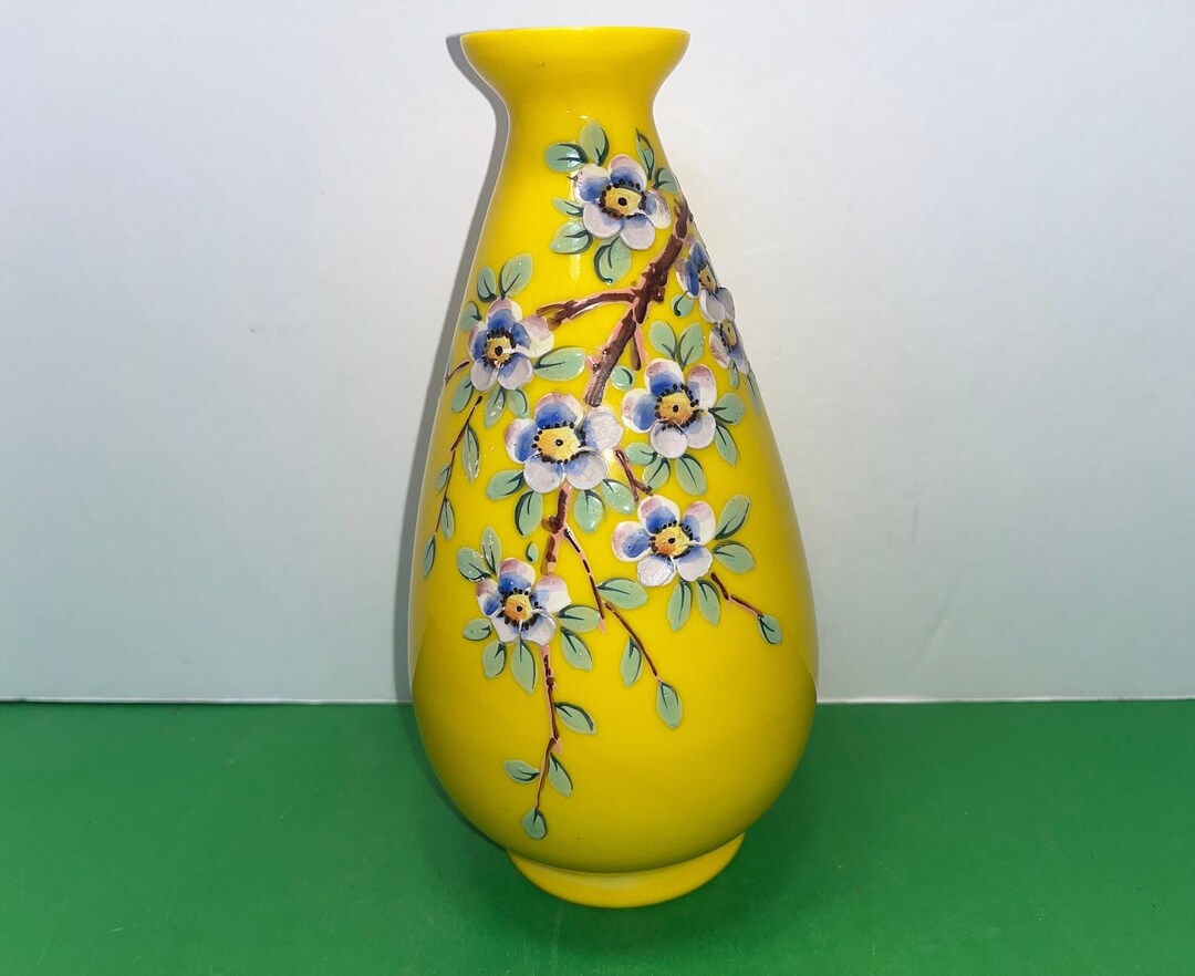 Antique Bohemian Yellow Painted Vase, Czech Bright Yellow Cherry ...